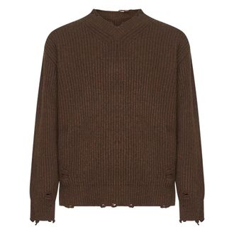 Maison Margiela Brauner Distressed V-Ausschnitt Pullover - - Knitwear - Herren - Braun - S