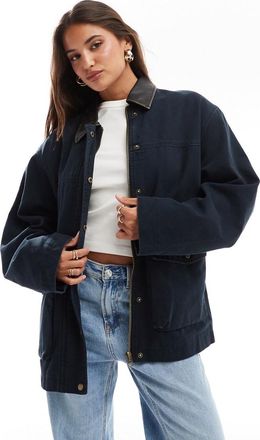 Asos Veste oversize avec col en similicuir - Bleu marine délavé