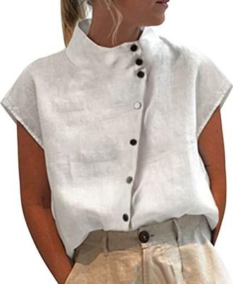 Onsoyours Chemisier Femme T-Shirt Manche Courte Oversized Lin Coton Blouse Casual Couleur Unie Hauts Sexy Mode Chemise Tops K Blanc XXL