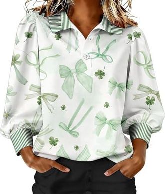 Generic Chemises de la Saint-Patrick pour femme, chemisier tr&egrave;fle porte-bonheur, manches longues, chemise boutonn&eacute;e &agrave; revers, haut imprim&eacute; tr&egrave;fle &eacute;l&eacute;gant, cou