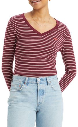 Levi's Damen Essential HM LS Vneck T-Shirt, Maury Stripe Burgundy, XS