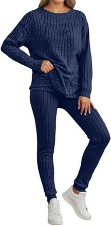 Generico Pyjama long &agrave; rayures c&ocirc;tel&eacute;es pour femme avec col rond, t-shirts &agrave; manches longues et pantalon de pyjama avec poches, bleu fonc&eacute;, 4XL