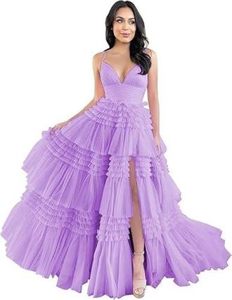Generic Robes de bal en tulle &agrave; volants longue robe de bal col en V robes de soir&eacute;e formelles avec fente, lilas, 6XL Grande taille