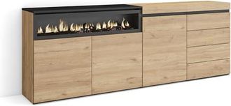 Skraut Home | Sideboard, Kommode | Aufbewahrungsschrank | 207x75x35 cm | Für Schlafzimmer, Zimmer | Elektrokamin. | Kommode mit Schubladen | Moderner Stil | Eiche