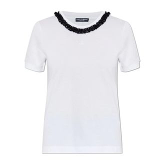 Dolce & Gabbana Jersey-T-Shirt mit Spitze und DG-Stickerei - - Tops - Damen - Wei&szlig; - S