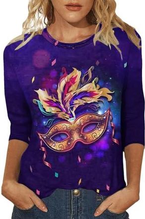 Generic Haut &agrave; manches 3/4 pour femme - Chemise de carnaval - Imprim&eacute; graphique - Col rond - &Eacute;l&eacute;gant et fin - D&eacute;contract&eacute; - Chemisier basique classique - Pour