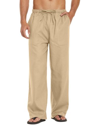 Coofandy Leinenhose Herren mit Tunnelzug Herrenhose Leicht Sommerhose Freizeithose Einfarbig Hosen mit Taschen Khaki S