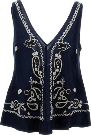 P.A.R.O.S.H. P.a.r.o.s.h., Femme, Tops, Bleu, Taille: 40 FR Haut en Lin Brod&eacute;