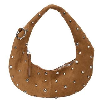 Generic Sac &agrave; bandouli&egrave;re en daim synth&eacute;tique clout&eacute; avec fermeture &eacute;clair et rivets demi-lune pour l&eacute;cole, le travail, un usage quotidien, marron, 12.99x0.79