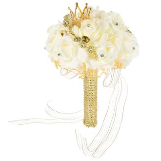 NUOBESTY Hochzeitsstrau&szlig; K&uuml;nstlicher Brautjungfernstrau&szlig; mit Krone aus Seide und Strass Goldfarbener Brautstrau&szlig; f&uuml;r Hochzeit Dekoration und Feier