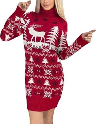 ORANDESIGNE Robe Femme Motif de Noël Imprimé Mini Robe à Manches Longues Col Rond Elégan Casual Tunique Pullover Longue D Vin Rouge L