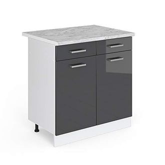 Vicco Meuble Cuisine R-Line, Anthracite Haute Brillance/Blanc, 80 cm, PT Marbre