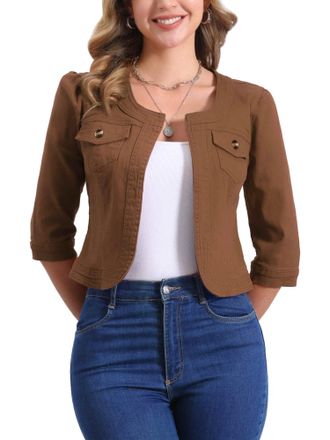 Allegra K Damen Jeansjacke 3/4 &Auml;rmel Open Front Kragenlos Jacke mit Taschen Braun XL