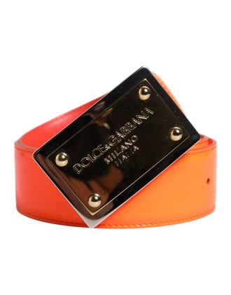 Dolce & Gabbana Mens Orange Gold Tone Metal Logo Buckle Belt Calf Leather