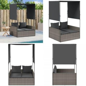 vidaXL Vidaxl - Doppel-Sonnenliege mit Dach und Vorh&auml;ngen Grau Poly Rattan - Doppel-Sonnenliege - Gartenliege - Poolliege - Outdoor M&ouml;bel - Lounge Set