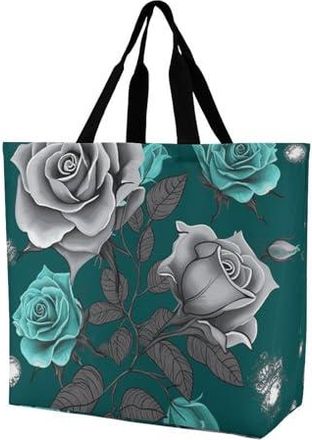 Generic Roses Gris Turquoise Sac Courses Pliable Sacs De Courses Grand Sac A Main Femme Pour Quotidienne Voyage Plage