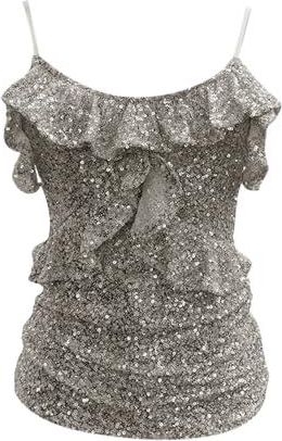 Generic D&eacute;bardeur d&eacute;contract&eacute; avec strass pour femme - &Agrave; paillettes scintillantes - Sans manches - Chemisier Y2K - &Eacute;lastique brillant - Pour le printemps 2025