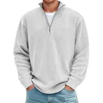 Generic Chandail &agrave; fermeture &eacute;clair quart de tour pour homme, chemises gaufr&eacute;es &agrave; manches longues, pull ample et l&eacute;ger &agrave; fermeture &eacute;clair quart de chandail ga