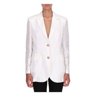 Ermanno Scervino Femme, Vestes, Blanc, Taille: 44 FR Veste en lin boutonn&eacute;e &agrave; simple boutonnage avec broderie Sangallo