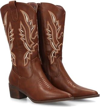 Shoes & Blues Botte Cowboy pour femme en dentelle haute avec broderies multicolores, pointe fine et talon large, idéale pour lhiver automne., marron, 36 EU