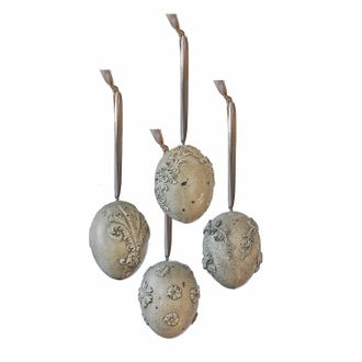 Loberon Anhänger 4er Set Zama, handgefertigt, mit hübschen Ornamenten, inkl. Aufhängung, Ostern, Osterdekoration, Ostereier, Polyresin, Polyester, antikgrau