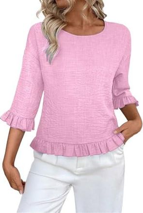 Generic Haut en lin &agrave; manches 3 quarts pour femme - Chemise d&eacute;t&eacute; respirante - Couleur pure - &Eacute;paules tombantes - Ourlet &agrave; volants - Confortable - En coton res