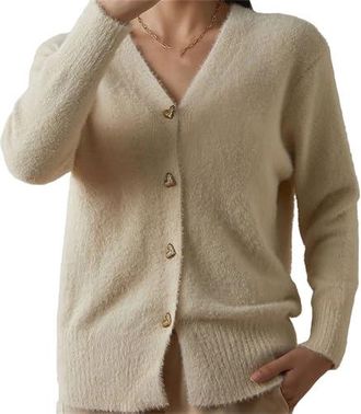 Generic Cardigan en laine pour femme avec boutons et col en V, Blanc de riz., Taille XS