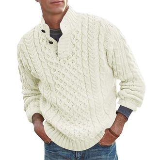 Generic Pull col Montant boutonn&eacute; pour Homme, Tricot torsad&eacute; &eacute;pais, d&eacute;contract&eacute;, Mode Automne-Hiver, Tricot Thermique torsad&eacute;, Blanc, Taille XL