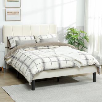 HOMCOM Doppelbettgestell, 140 x 190 cm, Doppelbett, Metallrahmen, verstellbarer Kopfteil, mit Lattenrost, Aufbewahrung, einfache Montage, cremefarben