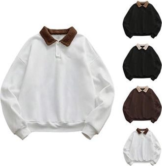 Generic Sweat &agrave; manches longues et col polo pelucheux pour homme : coupe d&eacute;contract&eacute;e, couleur unie, super doux, chaud, d&eacute;contract&eacute;, sans repassage, haut de g