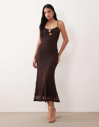 Bardot Karla - Midi-Tr&auml;gerkleid aus Spitze und Netzstoff in Schokobraun mit goldfarbenem Besatz-Schwarz
