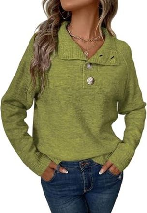 Generic Pull à col montant boutonné en tricot torsadé pour femme, pull décontracté à manches longues, pull ample tendance, Vert, XL
