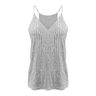 Generic Camisole &agrave; paillettes pour femme Y2K - Haut caraco &agrave; paillettes tendance et polyvalent - D&eacute;contract&eacute; &agrave; bretelles r&eacute;glables - Couleur pure - Caraco &agrave; b