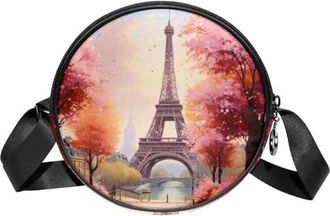 Generic Sac &agrave; bandouli&egrave;re rond pour femme, motif Tour Eiffel et arbres - Petit sac &agrave; bandouli&egrave;re avec fermeture &eacute;clair et bretelles r&eacute;glables - Style d&eacute;contra