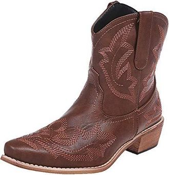 Generic Bottes de cowboy pour femme, bottes western mi-mollet à talon bloc bottes de cowgirl brodées bout pointu grosses bottes rétro à enfiler à talons mi-ha