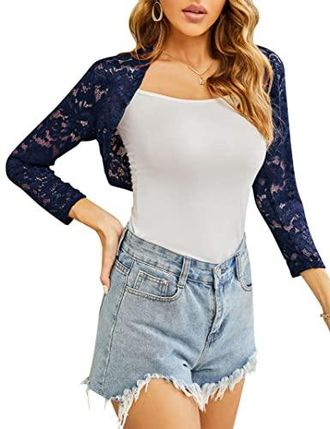 KOJOOIN Veste bol&eacute;ro en Dentelle pour Femme Cardigan Court Festif &agrave; Manches Longues pour Robe de Cocktail de Mariage,Bleu Marine 2,XL