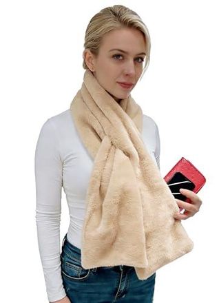 Lina & Lily &Eacute;charpe &agrave; Poche Zipp&eacute;e Cach&eacute;e en Fausse Fourrure pour Femme Hiver (Beige)