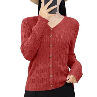 Generic Pull en laine m&eacute;lang&eacute;e &agrave; col en V pour femme - Cardigan d&eacute;contract&eacute; en tricot &agrave; manches longues, P&acirc;te de haricots rouges., Taille XL