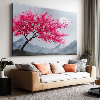 Generic Leinwand Bilder Aquarell Japanischer Kirschbaum Berge Bild auf Leinwand Poster Hochwertige Wandbilder f&uuml;r Wohnzimmer Schlafzimmer Heimb&uuml;ro Restaurant 