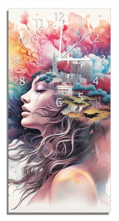 Wallario Design-Wanduhr, Acrylglasuhr Größe 30 x 60 cm, weiße Zeiger, Motiv Traumwelten im Kopf
