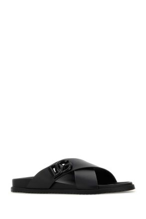 Dolce & Gabbana Mens Logo-Embossed Leather Slide Black Calfskin