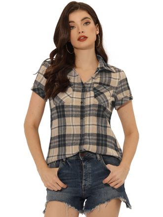 Allegra K Damen Kariertes Hemd Shirt Kariert Kurzarm Classic Oberteil mit Taschen Karo Bluse Khaki-Schwarz XS