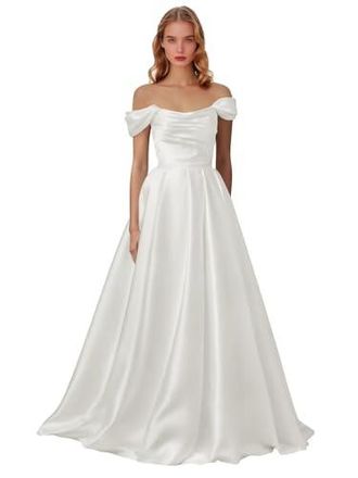 Generic Robe de bal longue froncée en satin à épaules dénudées pour femme avec poches, blanc, 56 Grande taille