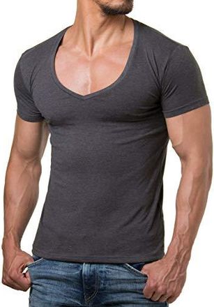 ReRock T-shirt RR-1315 pour homme Young & Rich 1315 avec col en V profond - Couleur unie - Tailles S à 3XL, anthracite, S
