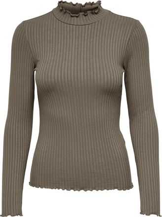 Jacqueline de Yong Damen Dünnes Langarm Shirt Basic Rundhals Stehkragen Longsleeve Stretch Oberteil JDYFRANSISKA, Farben:Braun, Größe:XXS