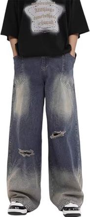 Generic Jean baggy pour homme avec jambes larges, style d&eacute;contract&eacute;, coupe ample, style hip-hop, coupe droite, taille &eacute;lastique avec cordon de serrage, pour a