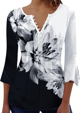 Generic Bluse Damen 3/4 Arm, Oberteile Damen Elegant,T Shirt Damen V Ausschnitt Knopfleiste Glocken&auml;rmel mit Blumen Aufdruck Vintage Tshirt Locker Tunika Top 