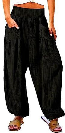 Generic Pantalon baggy décontracté en coton et lin pour femme - Coupe ample - Jambe large - Pantalon de jogging - Pantalon sarouel à enfiler - Confortable - S