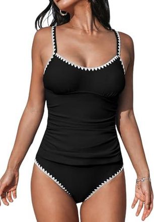 Cupshe Ensemble tankini deux pièces pour femme avec encolure dégagée, taille moyenne, bretelles réglables, coutures coquilles, noir, Taille L