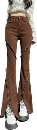 Generic QXDZSW Jeans fendus &agrave; franges couleur caf&eacute; pour femme taille haute &eacute;lastique coupe ajust&eacute;e longueur sol pantalon, caf&eacute;, XXL